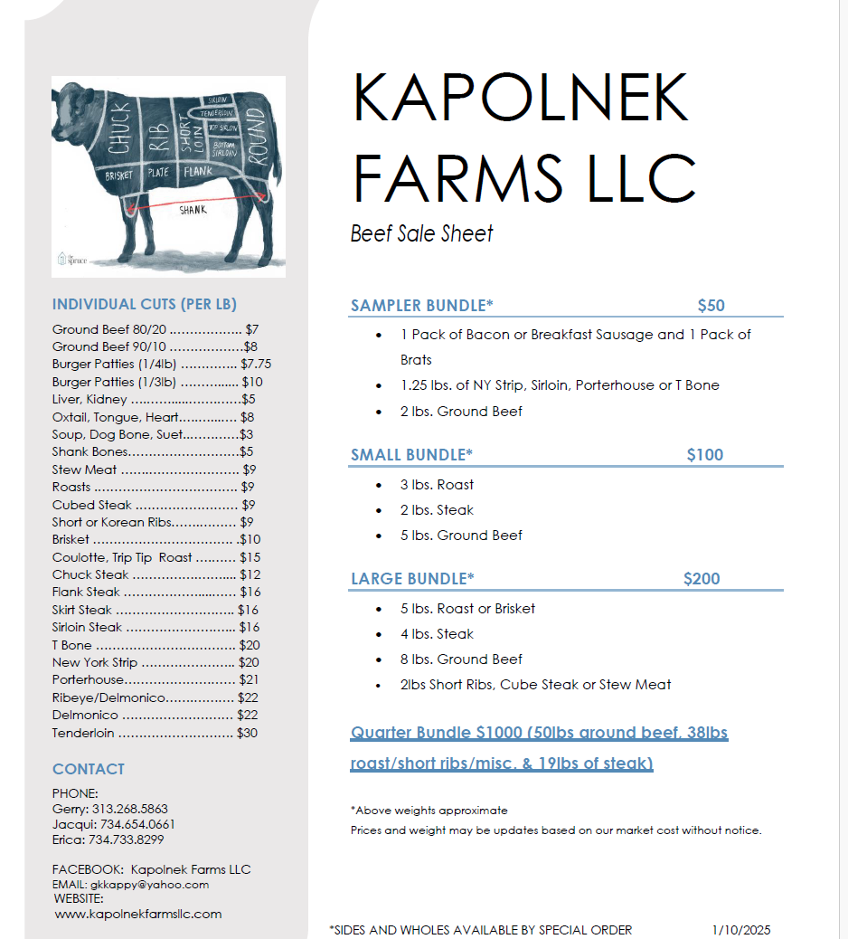 Contacts and Beef Price List – Kapolnek Farms LLC